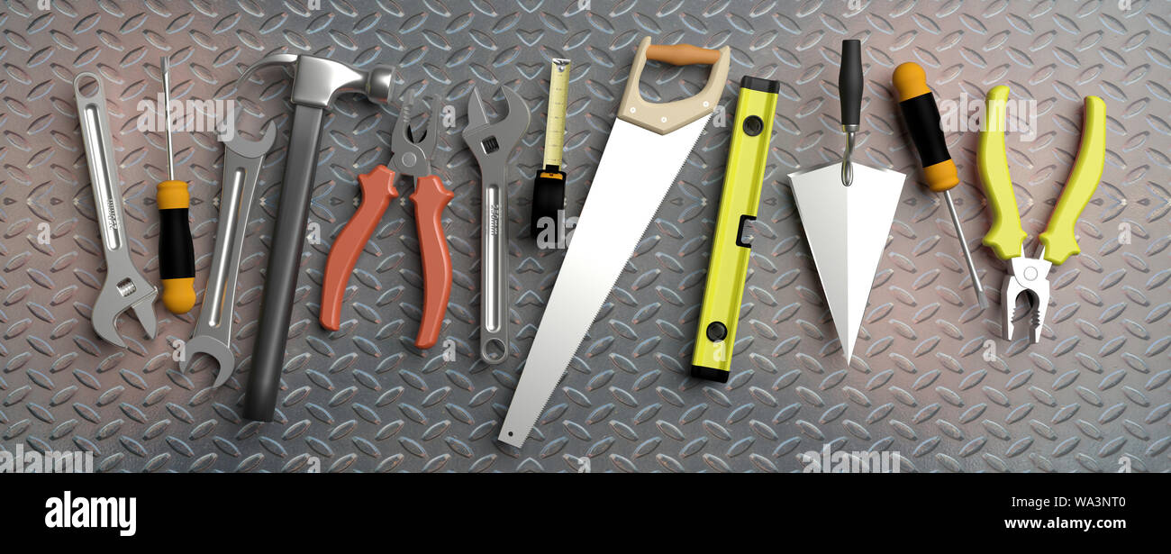 Various Hand tools withcopy space on a background. 3d illustration ...