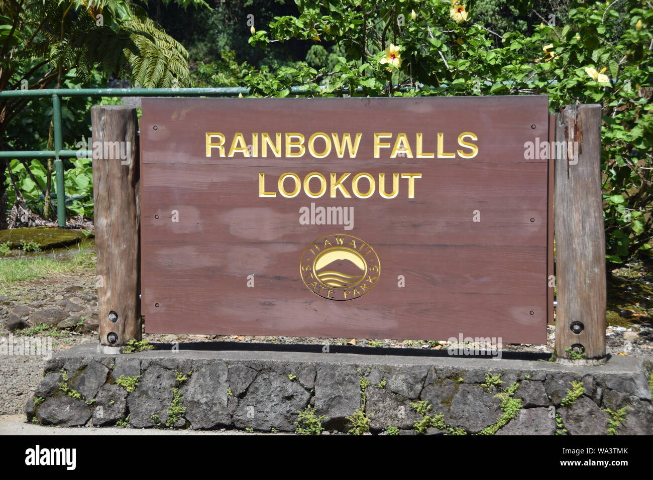 Sign for Rainbow Falls Lookout on the Big Island in Hawaii Stock Photo ...