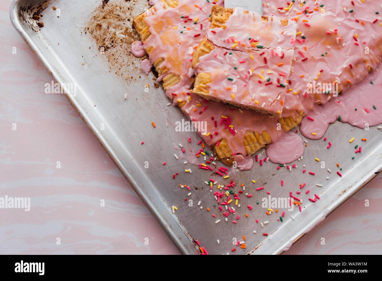 Closeup shot of a pap-tart cake treat on a metal baking tray Stock ...