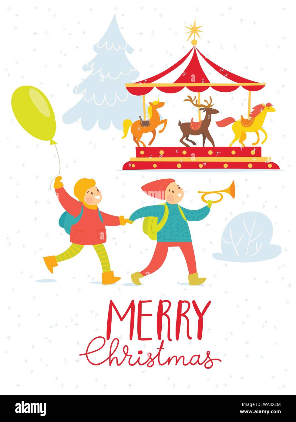Merry Christmas vector card with happy children Stock Vector Image ...