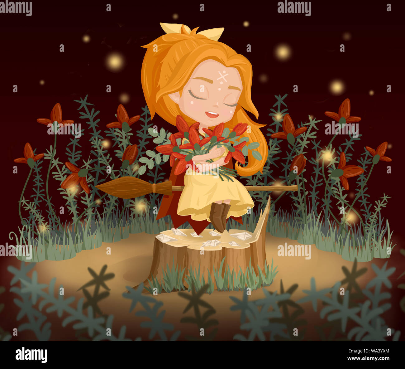 Cartoon illustration of a cute witch flying on her broom. Wizard holds ...