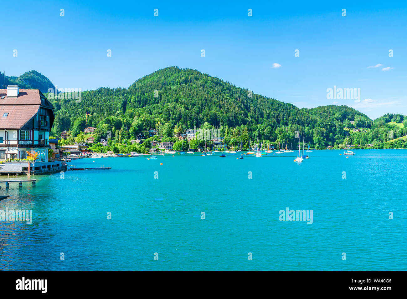 View of St. Gilgen across Lake Wolfgangsee in the Salzkammergut resort ...