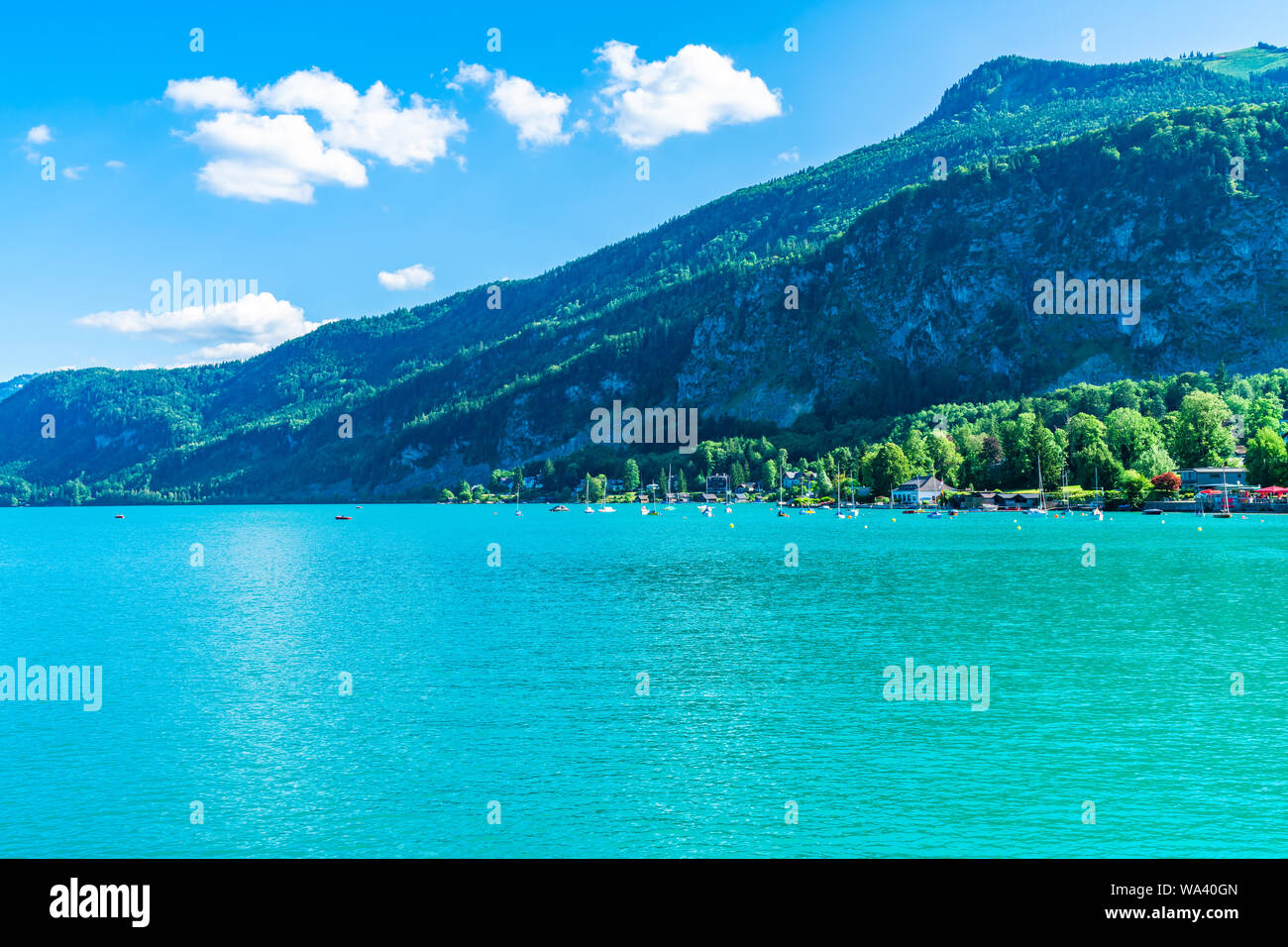 View of St. Gilgen across Lake Wolfgangsee in the Salzkammergut resort ...