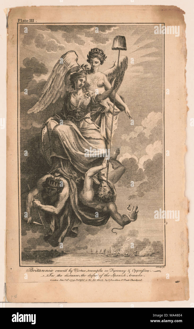 Britannia crown'd by virtue, tramples on Tyranny & Oppression. In the ...