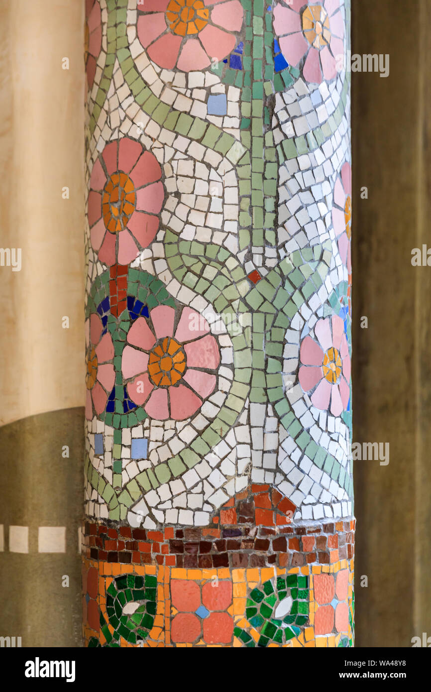 Mosaic tiling detail on column in modernist building, intricate mosaics ...