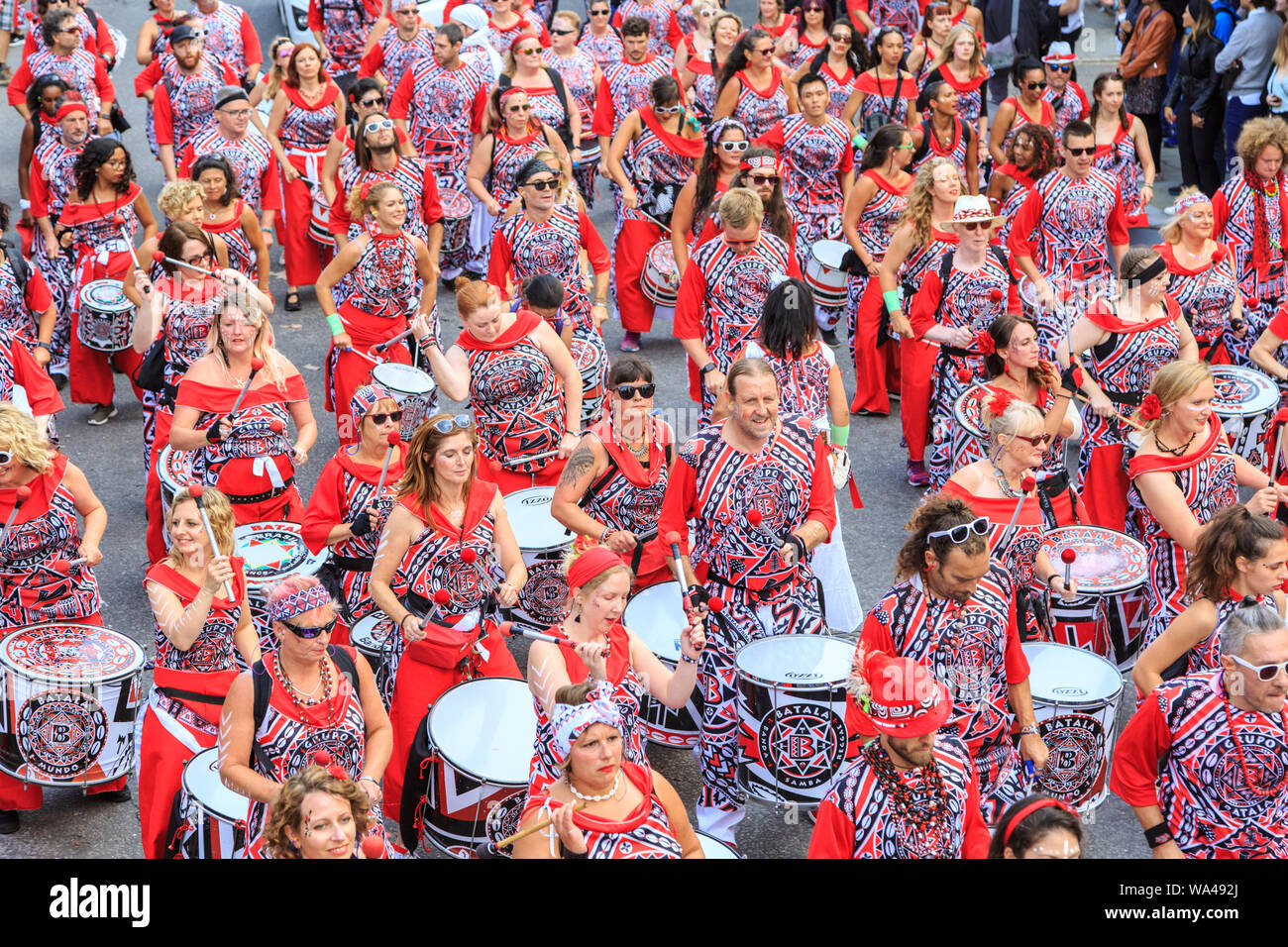 Batala Brazilian Band steel drummers, Notting Hill Carnival 2018 parade ...
