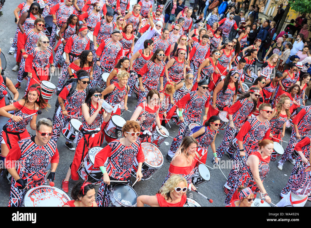 Batala Brazilian Band steel drummers, Notting Hill Carnival 2018 parade ...