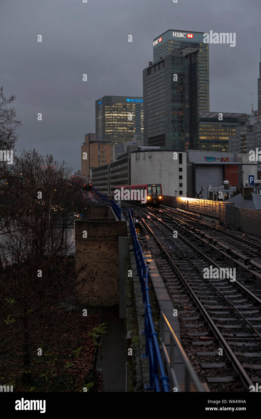 Westferry, KeolisAmey London Docklands Light Railway trains 07 + 122 ...