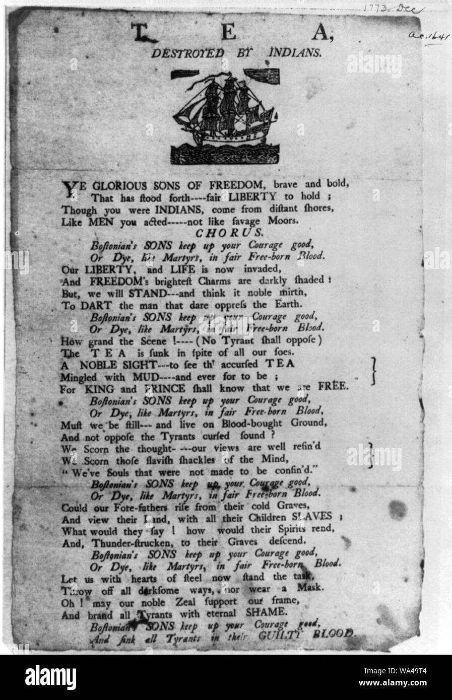 Broadside of Revolutionary War period: Tea Destroyed by Indians Stock ...