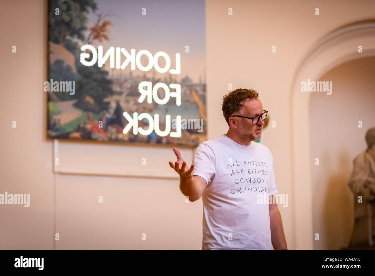 Edinburgh, UK. Sat 17th August 2019. Artist Nathan Coley speaking about ...