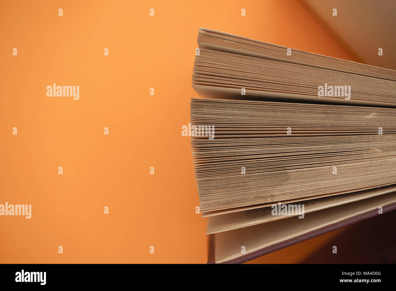 Open book on a yellow background. Top view Stock Photo - Alamy