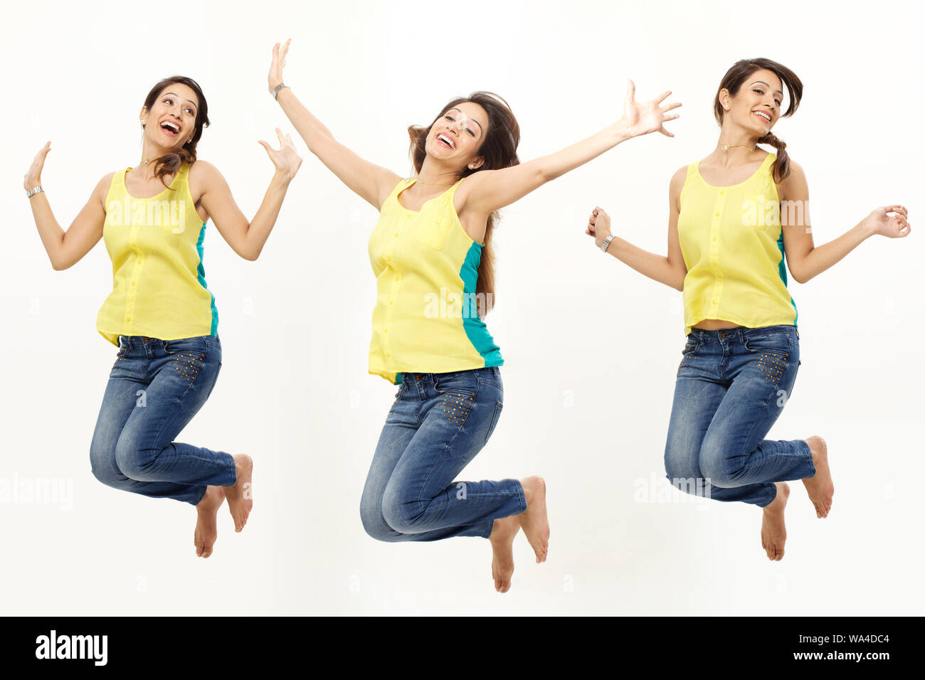 Multiple images of a young woman jumping in air Stock Photo - Alamy