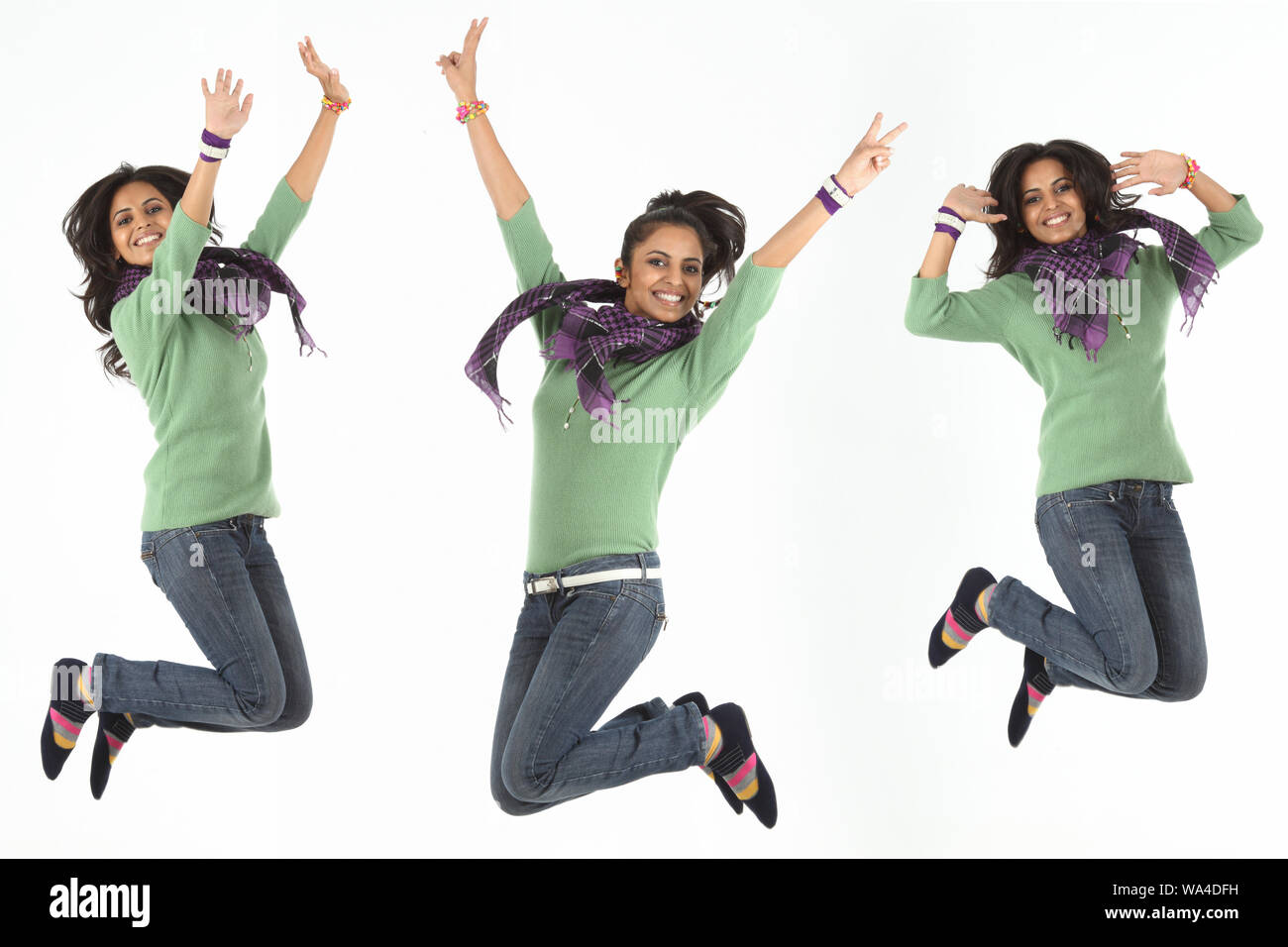Multiple images of a young woman jumping in air Stock Photo - Alamy