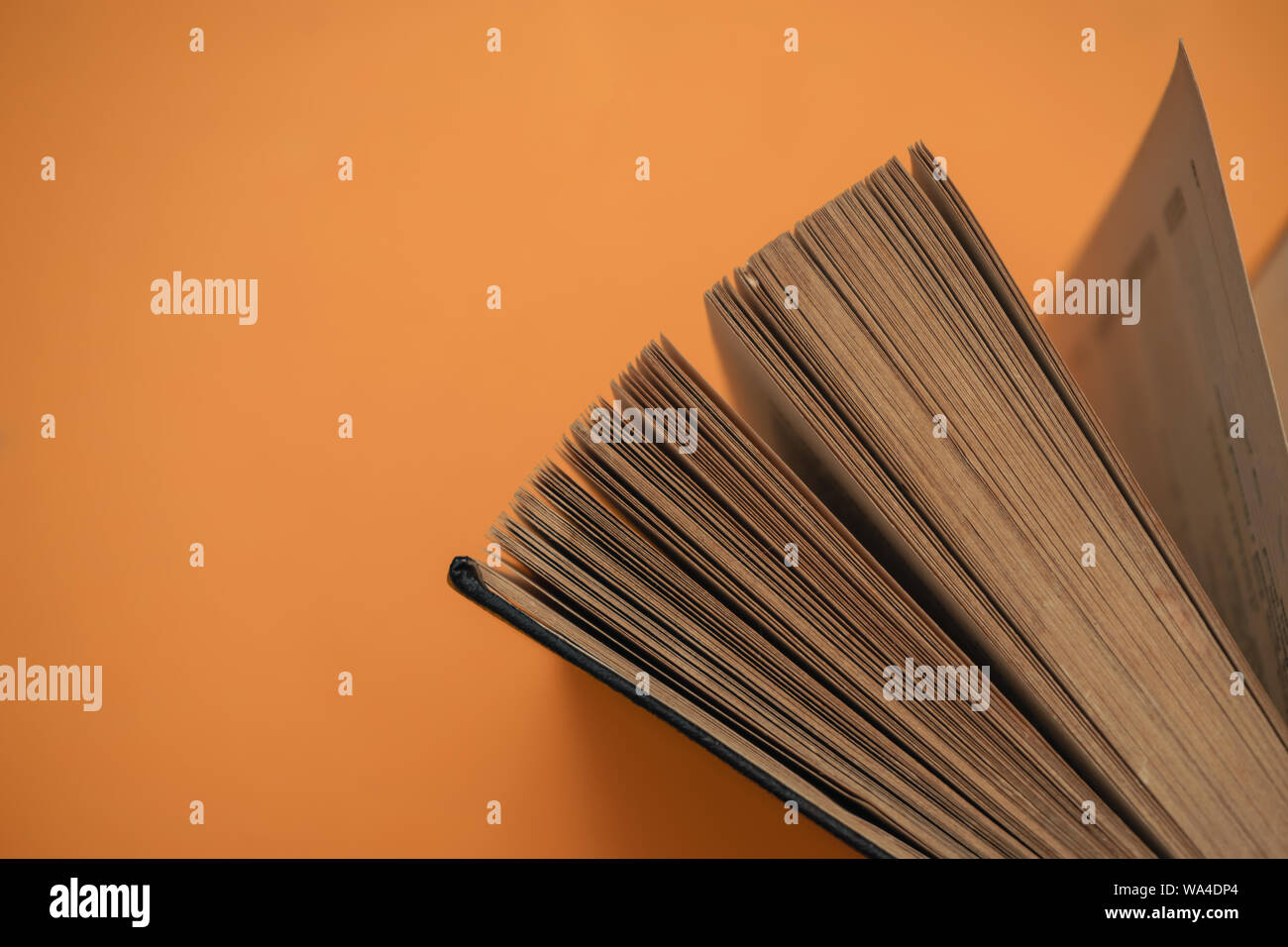 Open book on a yellow background. Top view Stock Photo - Alamy