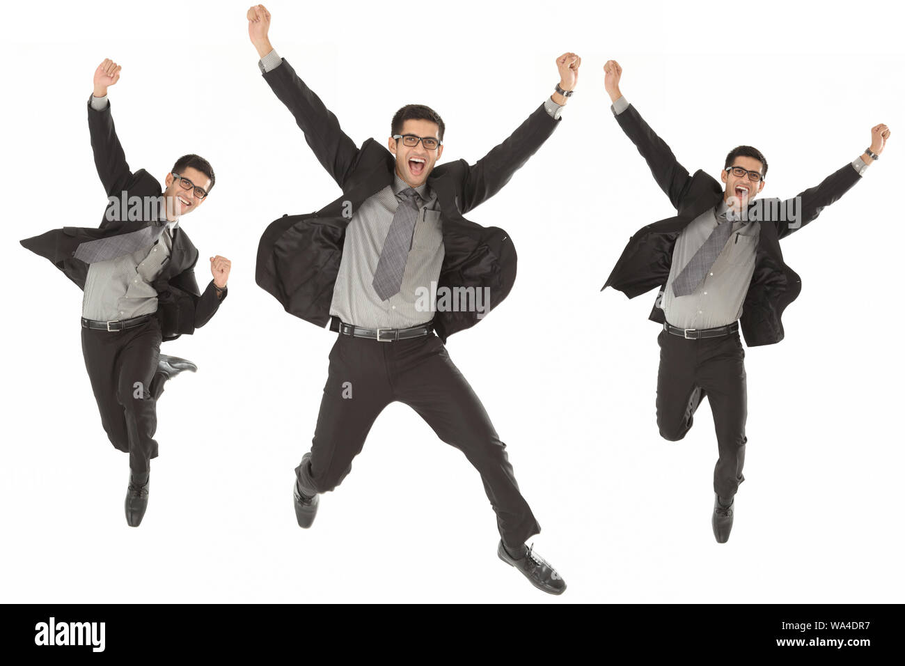 Multiple images of a businessman running and smiling Stock Photo - Alamy