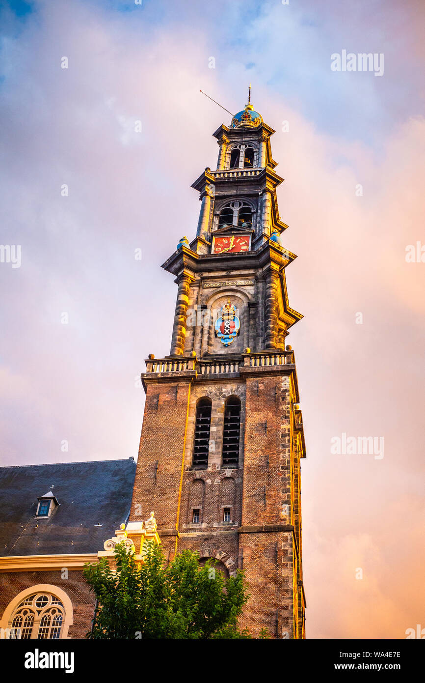 Details view of landmark Westerkerk Church in Amsterdam at sunset Stock ...