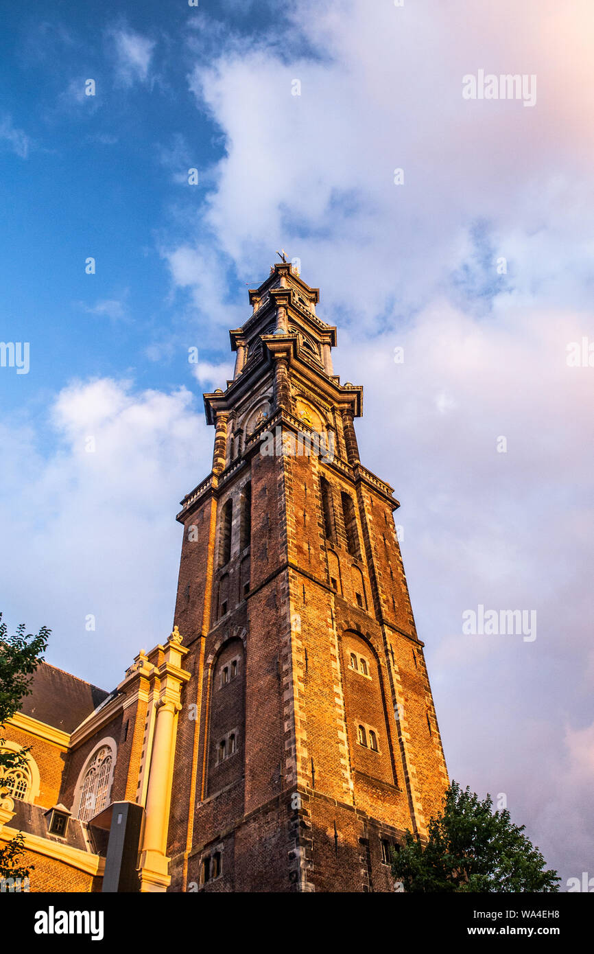Details view of landmark Westerkerk Church in Amsterdam at sunset Stock ...