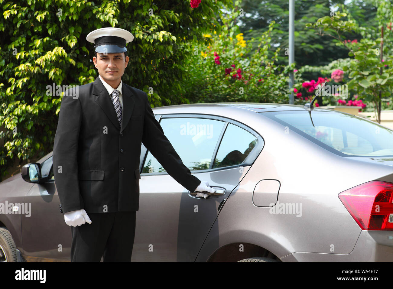 Chauffeur opening car door Stock Photo - Alamy