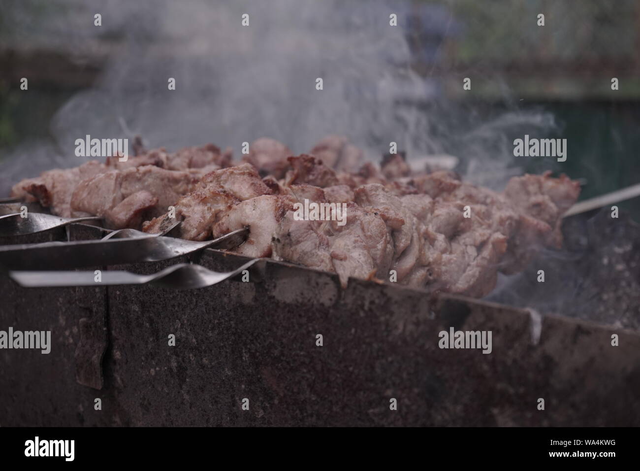 Close up Cooking shashlik on the mangal in nature Stock Photo - Alamy