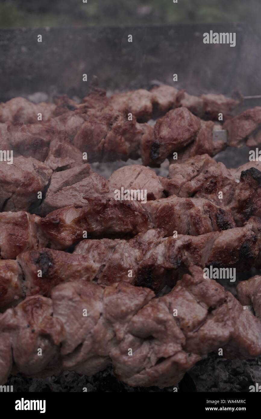 Close up Cooking shashlik on the mangal in nature Stock Photo - Alamy