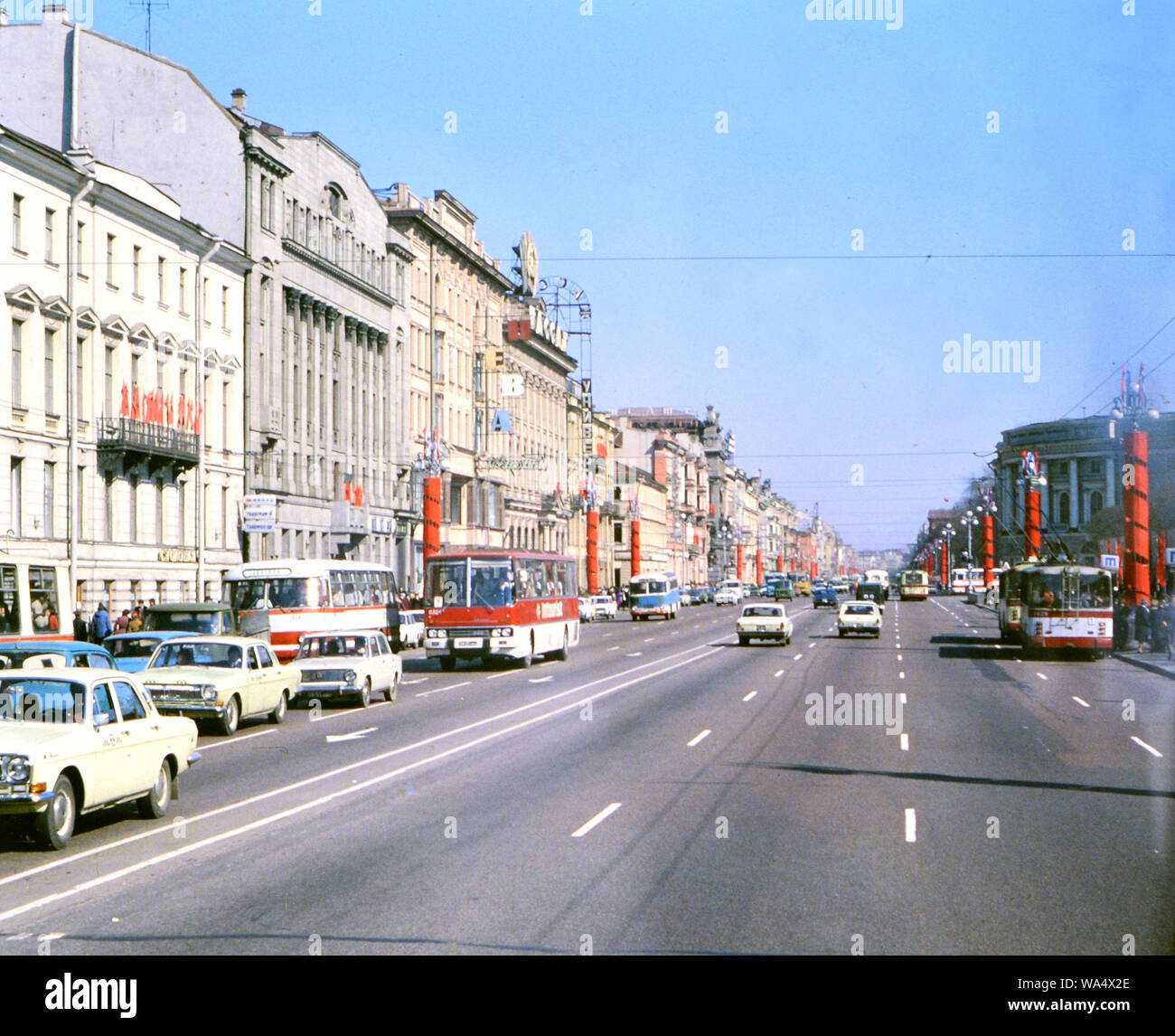 Traffic on a main road in a large city in Russia in the late 1970s ...