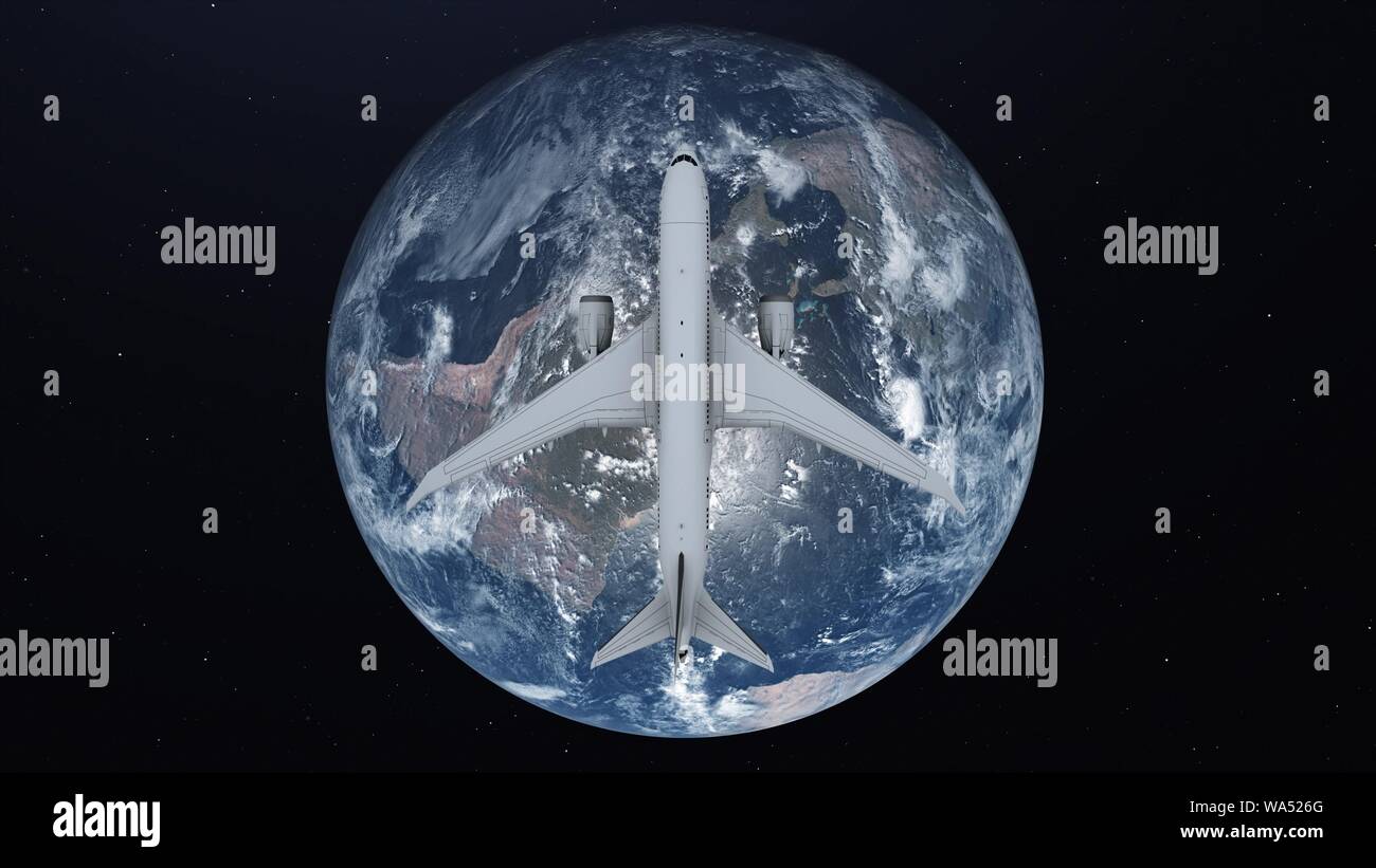 Airplane flying around earth. Travel concept. View from space. 3d ...