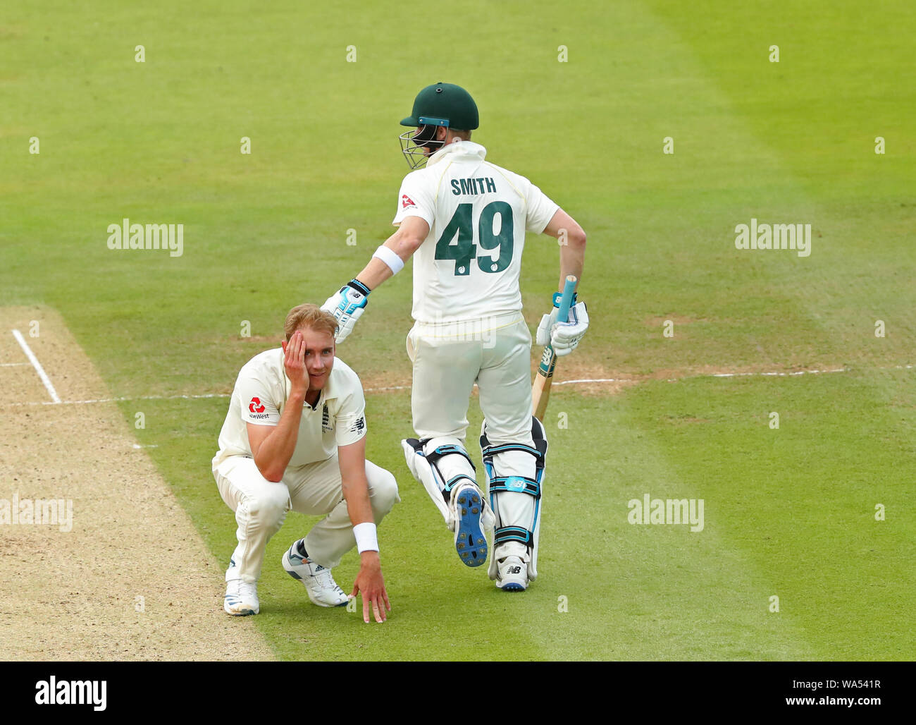 London, UK. 17th Aug, 2019. Stuart Broad of England reacts as Steve ...