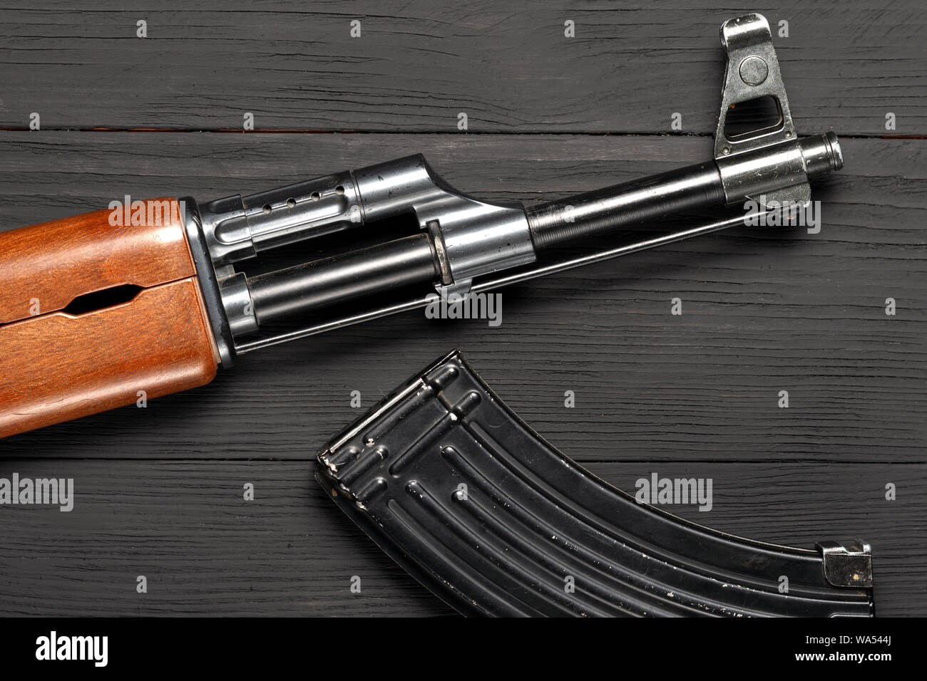 Soviet automaton AK 47 on wooden background and place for copy space ...