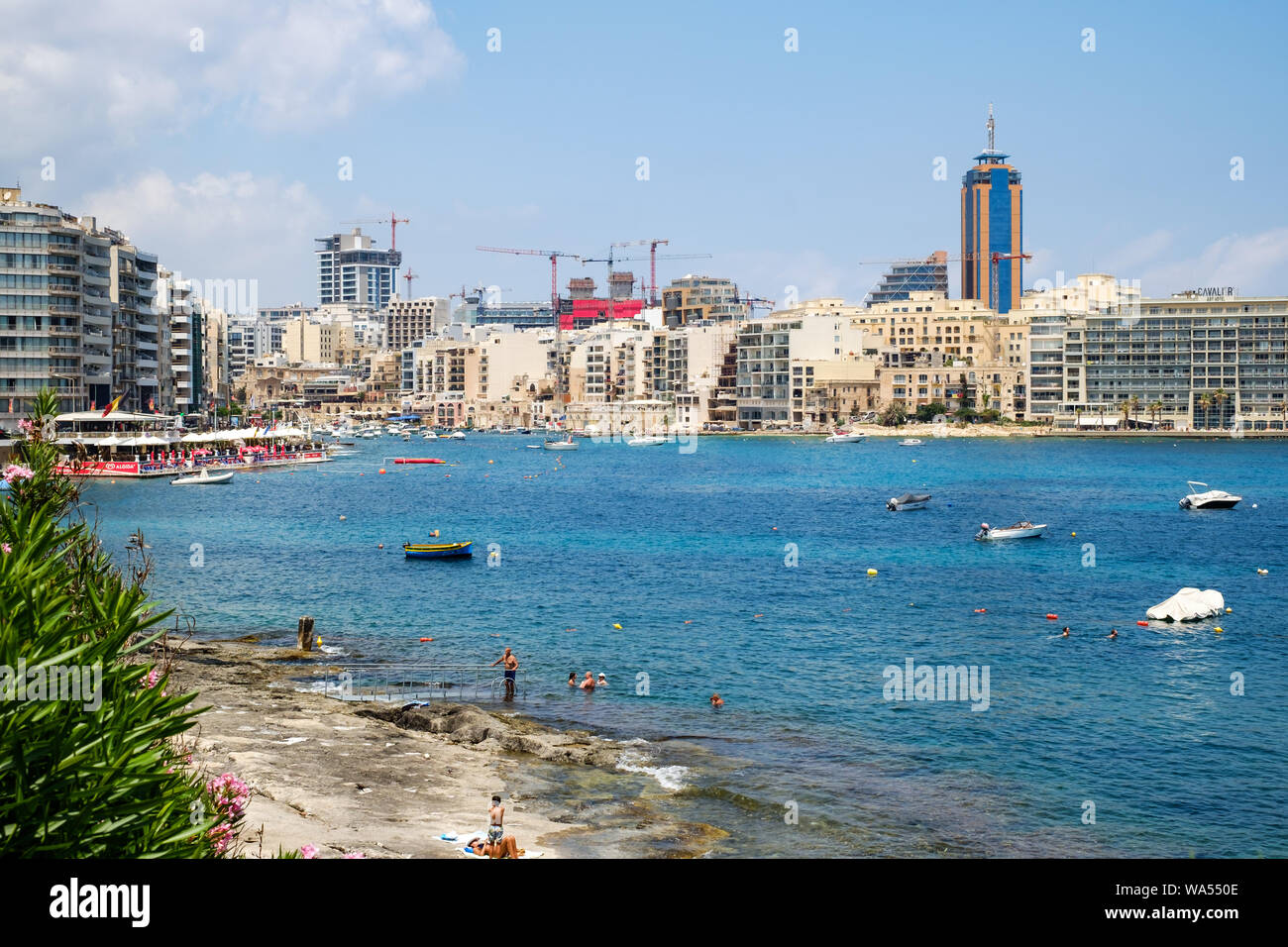 St Julien city, Malta - July 15, 2019. View of the Marina Bay ...