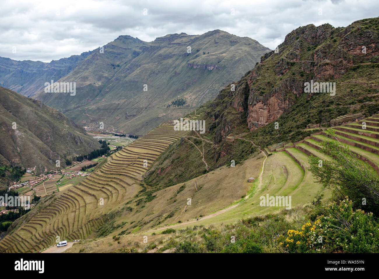 Landscape of Sacred Valley with the ancient Inca ruins of Pisac ...