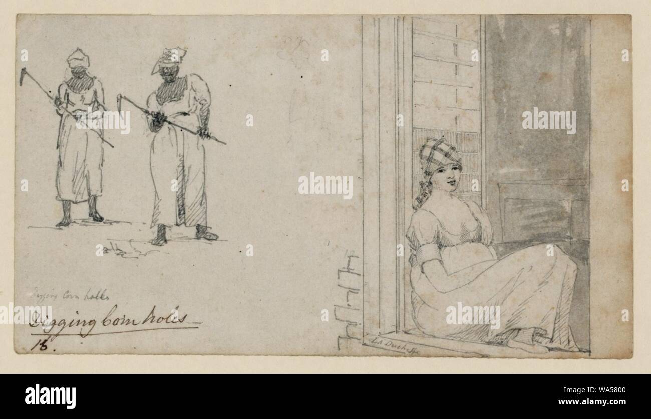 Digging corn holes. La Duchesse (woman seated in window Stock Photo - Alamy