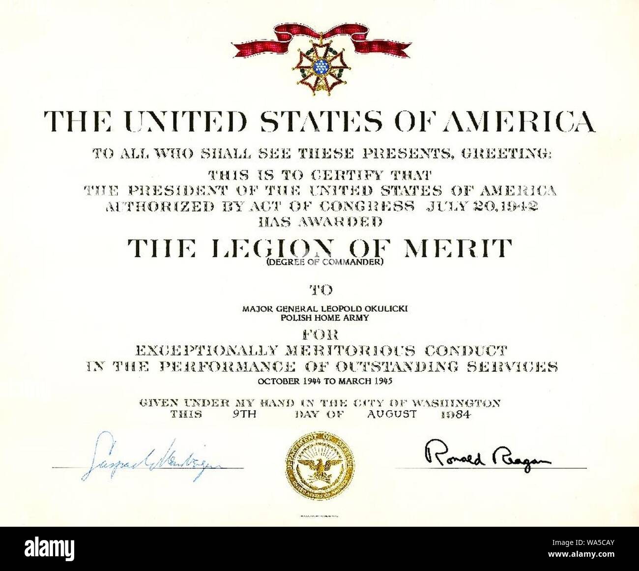 Diploma Legion of Merit General Leopold Okulicki Polish Home Army ...