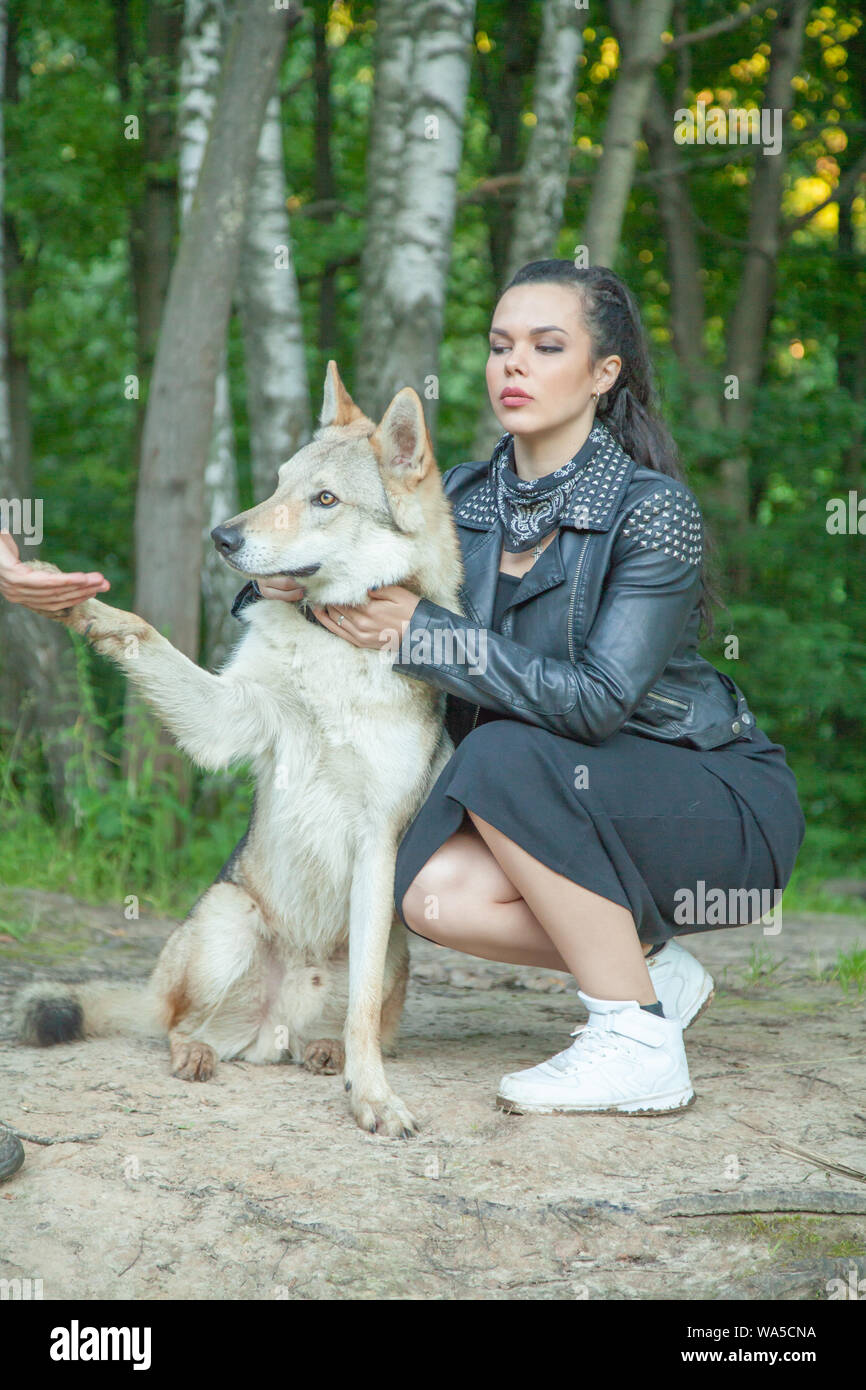Adult pretty model girl with real mix animal of wolf and dog Stock ...