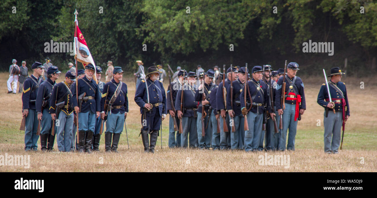 Union soldiers line up in field during Civil War Reenactment at Duncan ...