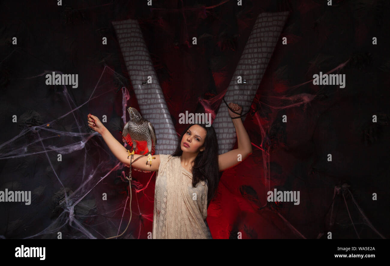 beauty brunette girl and a hawk on dark gothic scary studio background Stock Photo - Alamy