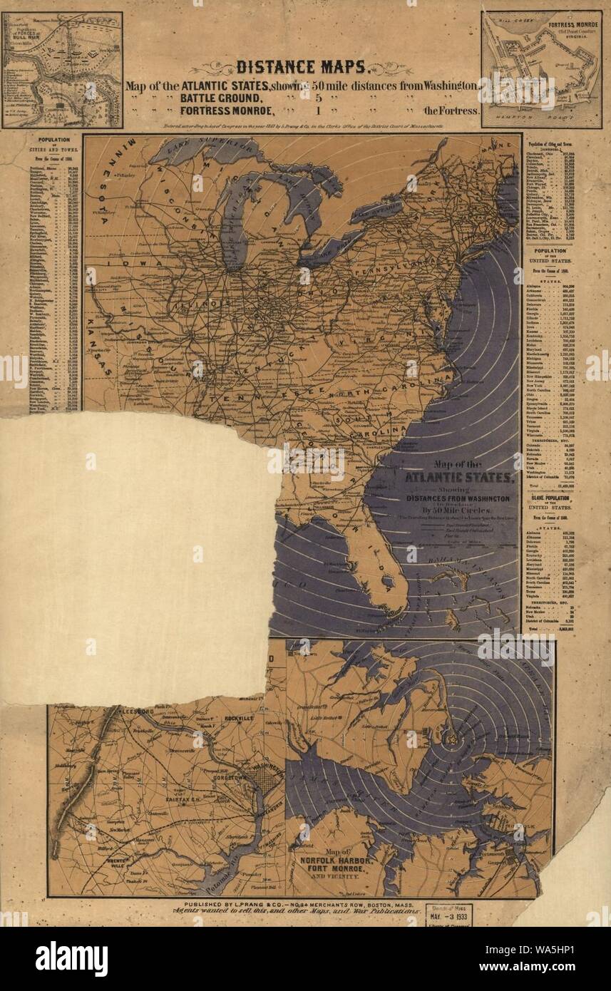 Distance maps. Map of the Atlantic states, showing 50 mile distances ...
