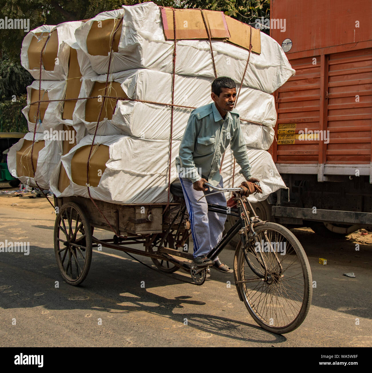 New Dehli, India, Feb 19, 2018: Man carrying massive load on bicycle in ...