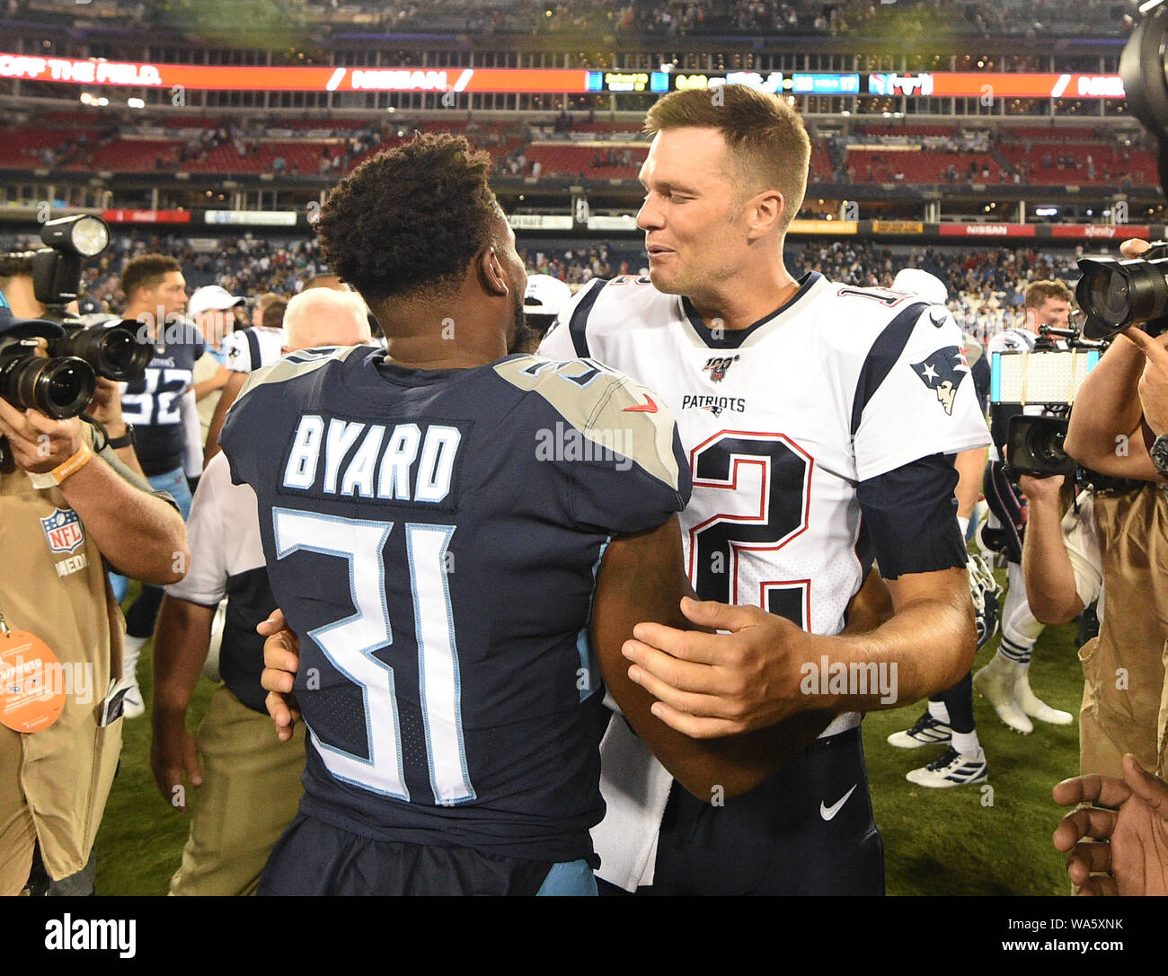 Aug 17 2019; Nashville TN, USA New England Patriots quarterback Tom Brady (12) talks with ...