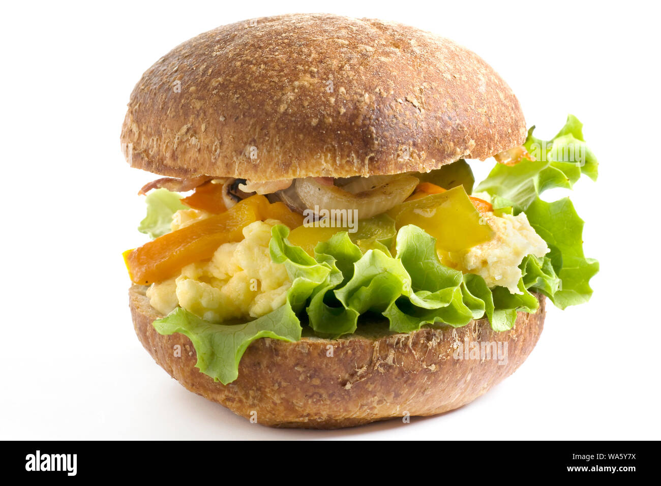 breakfast bun with scrambled eggs and bacon,isolated on white ...