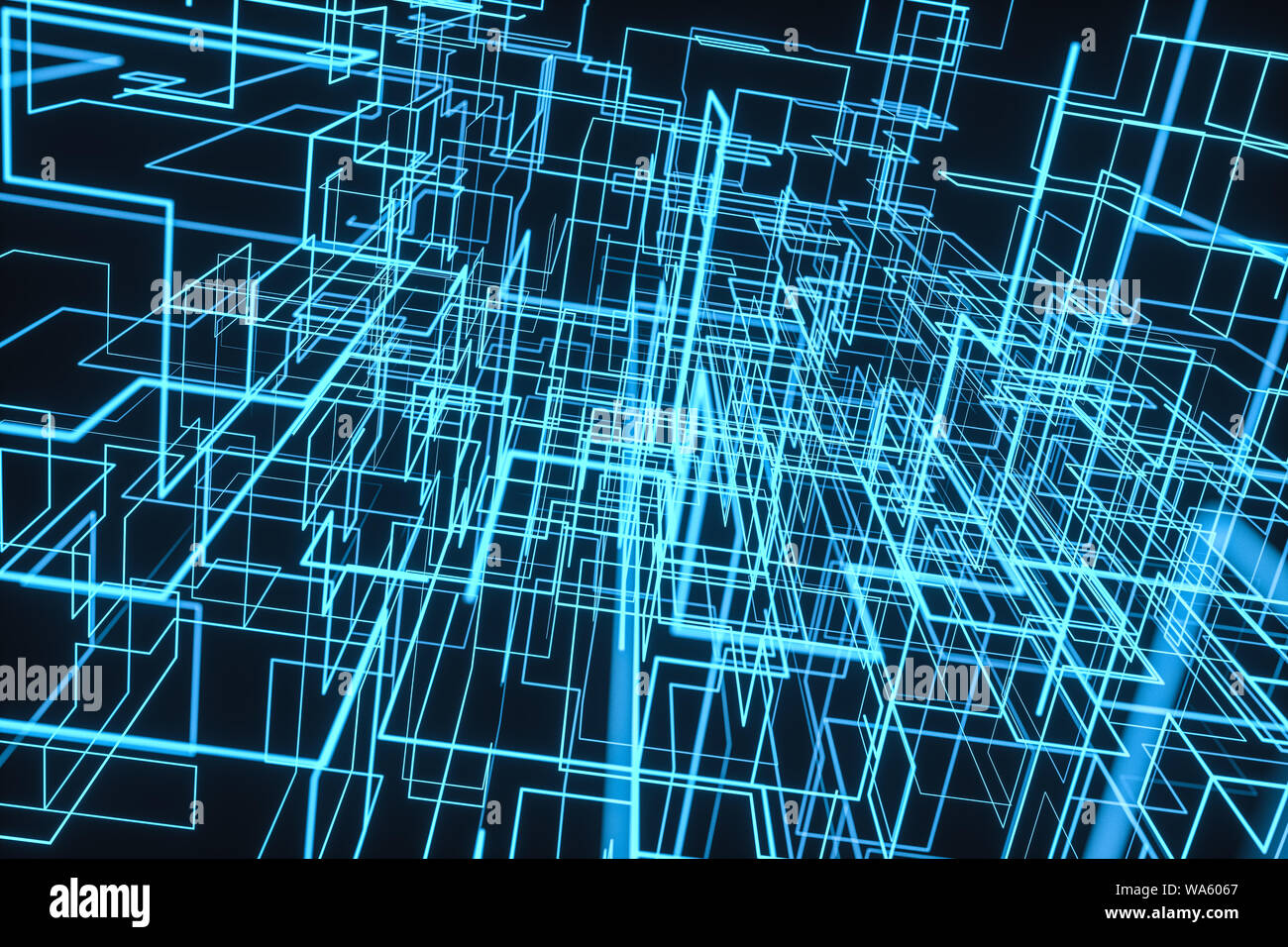 Blue cyber space with crossed glowing lines, 3d rendering. Computer ...