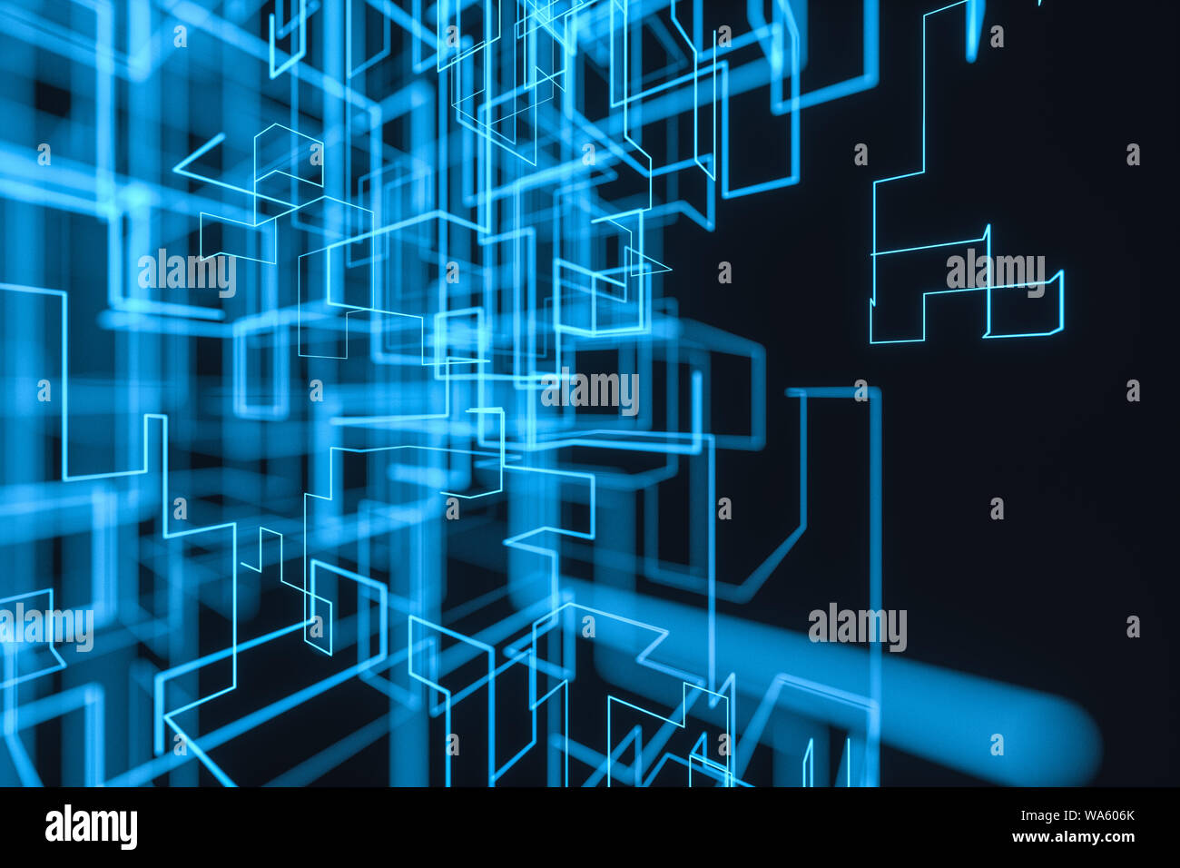 Blue cyber space with crossed glowing lines, 3d rendering. Computer ...