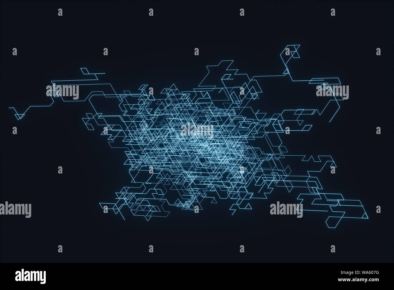 Blue cyber space with crossed glowing lines, 3d rendering. Computer ...