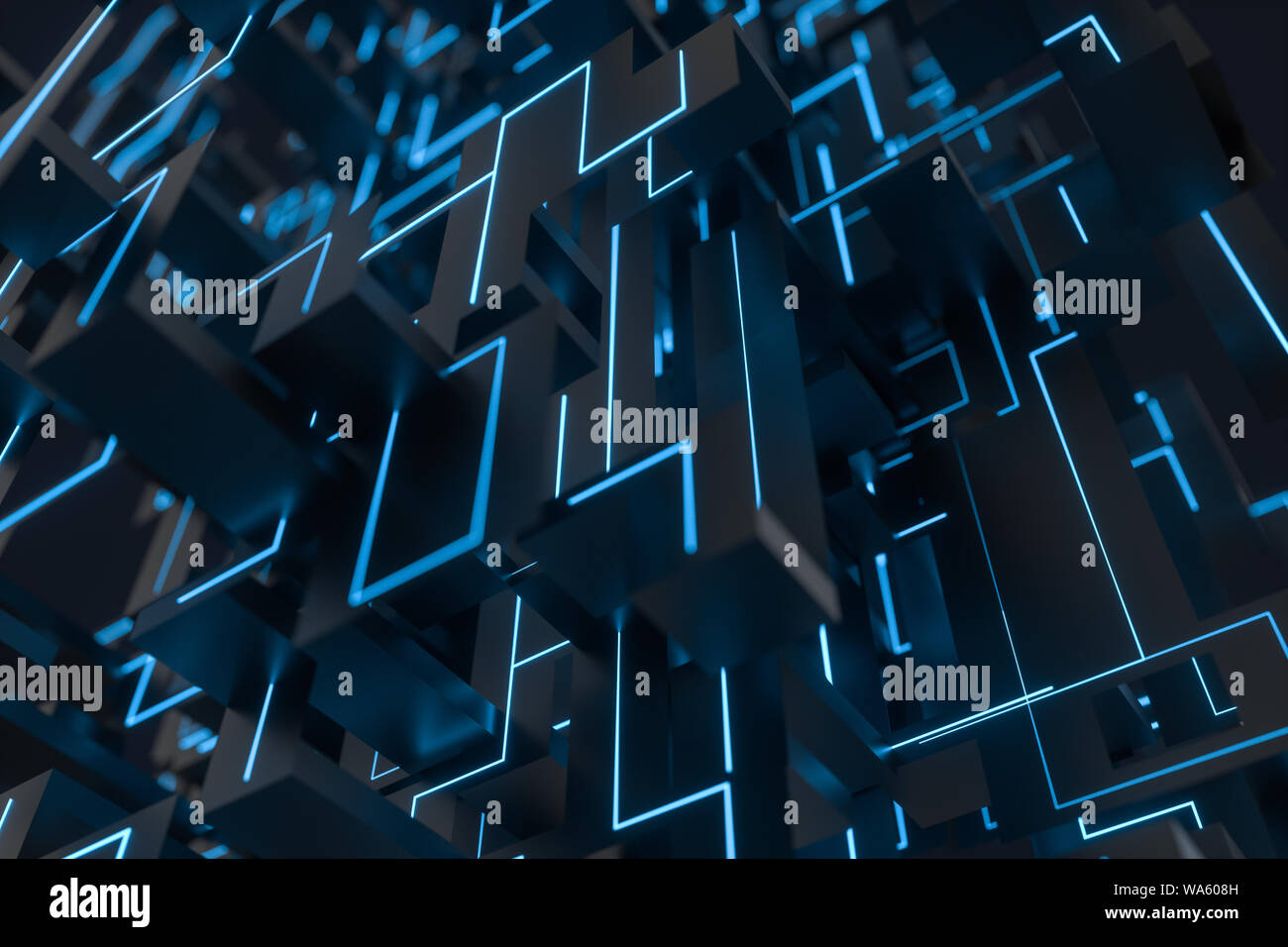 Blue cyber space with crossed glowing lines, 3d rendering. Computer ...