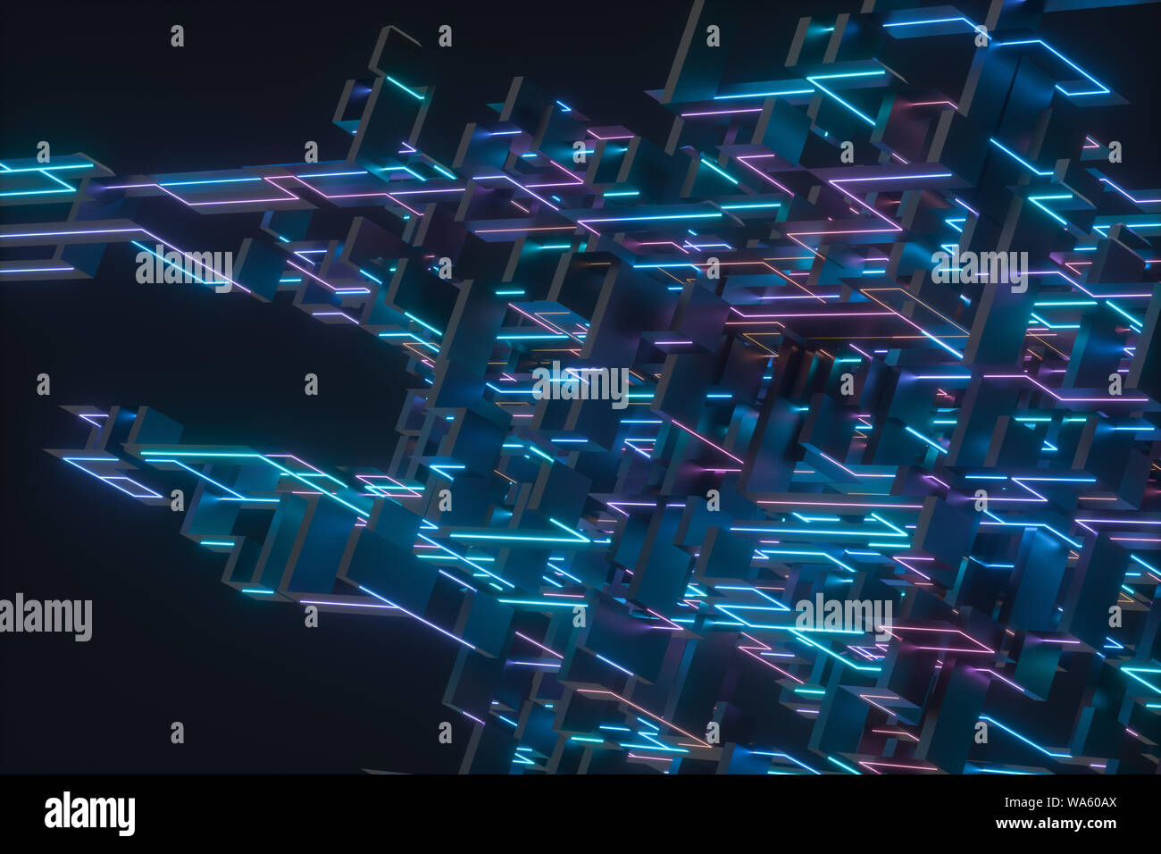 Colorful cyber space with crossed glowing lines, 3d rendering. Computer ...