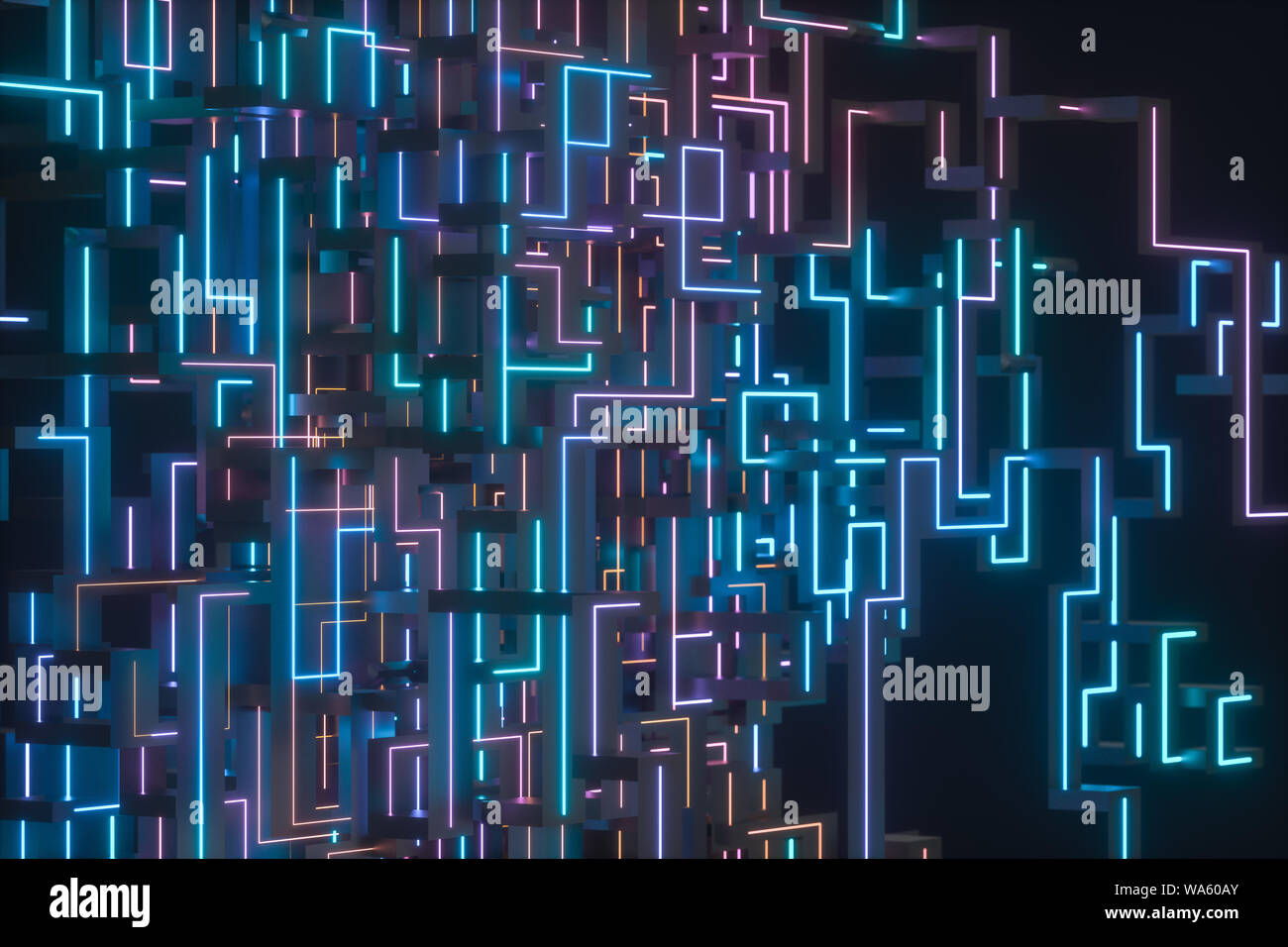 Colorful cyber space with crossed glowing lines, 3d rendering. Computer ...