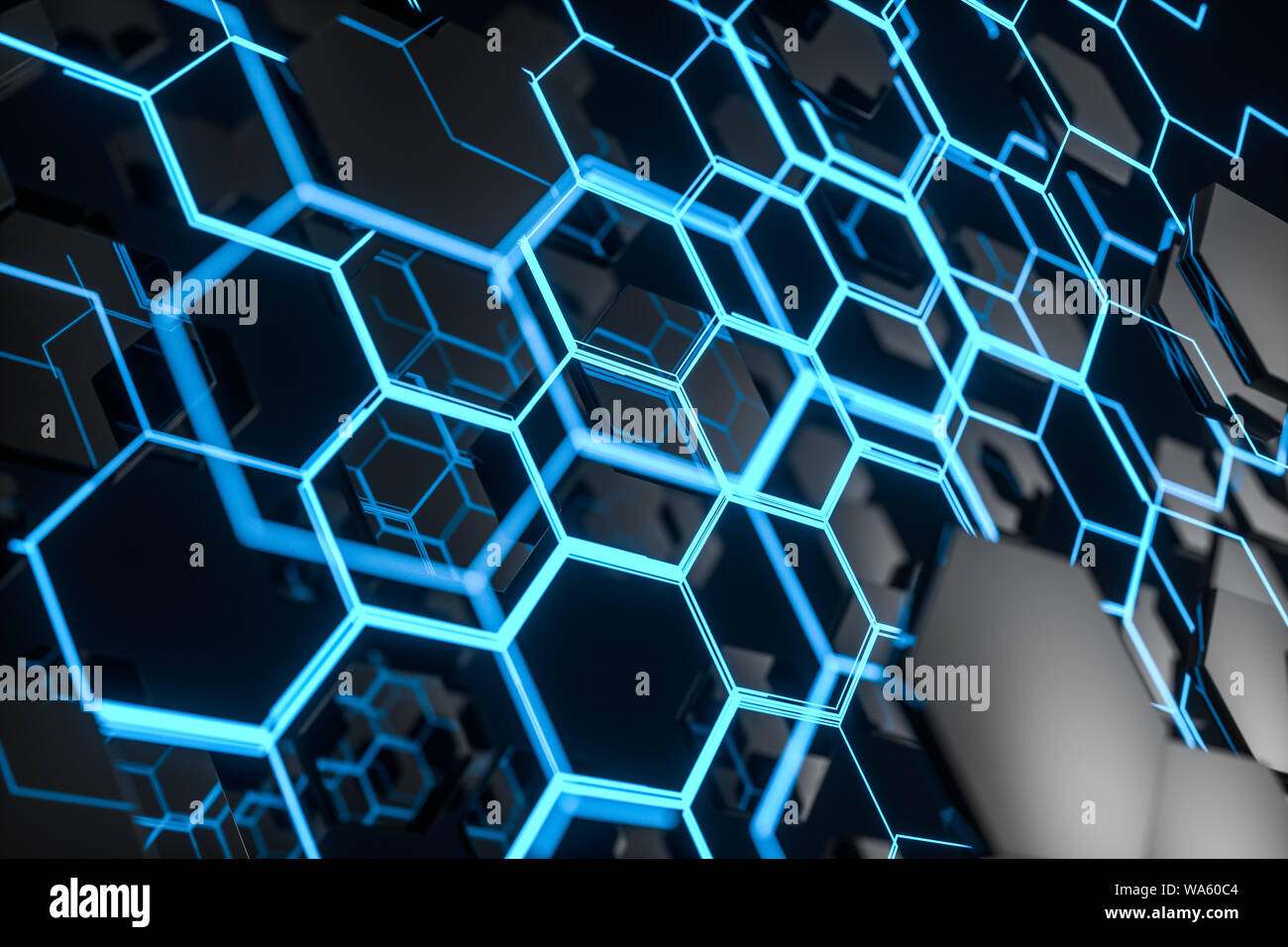 Blue hexagon and glowing lines crossed, 3d rendering. Computer digital ...