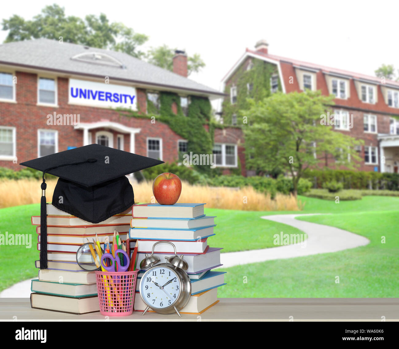 education concept with university campus and books Stock Photo - Alamy