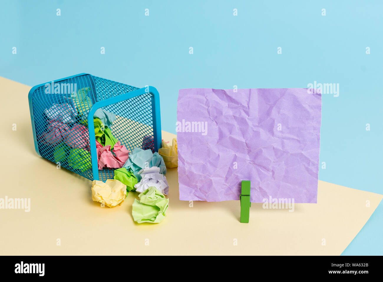 Trash bin crumpled paper clothespin empty reminder office supplies ...