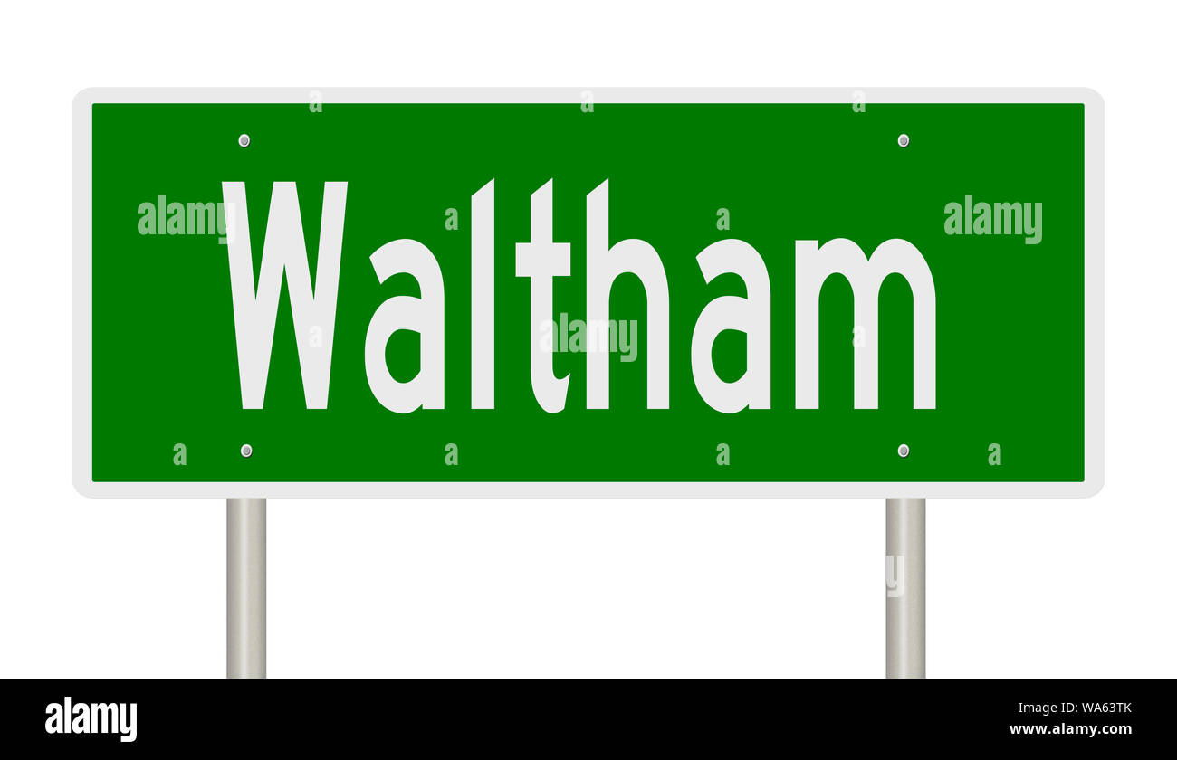 Rendering of a green highway sign for Waltham Massachusetts Stock Photo ...
