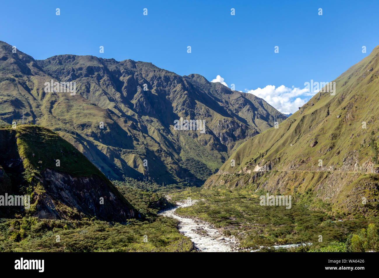 Landscape of peruvian mountains with Santa Teresa River in green lush ...